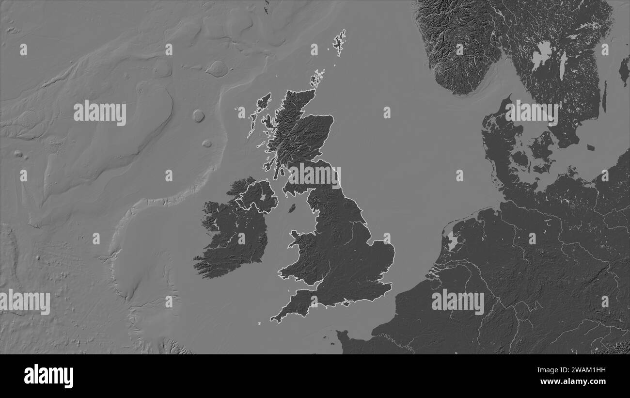 United Kingdom outlined on a Bilevel elevation map with lakes and ...