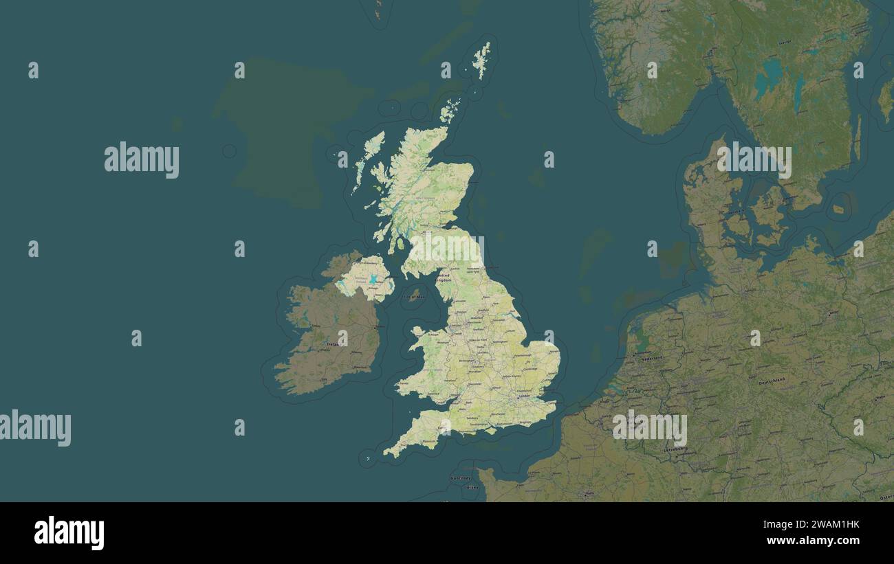 United Kingdom highlighted on a topographic, OSM Humanitarian style map ...