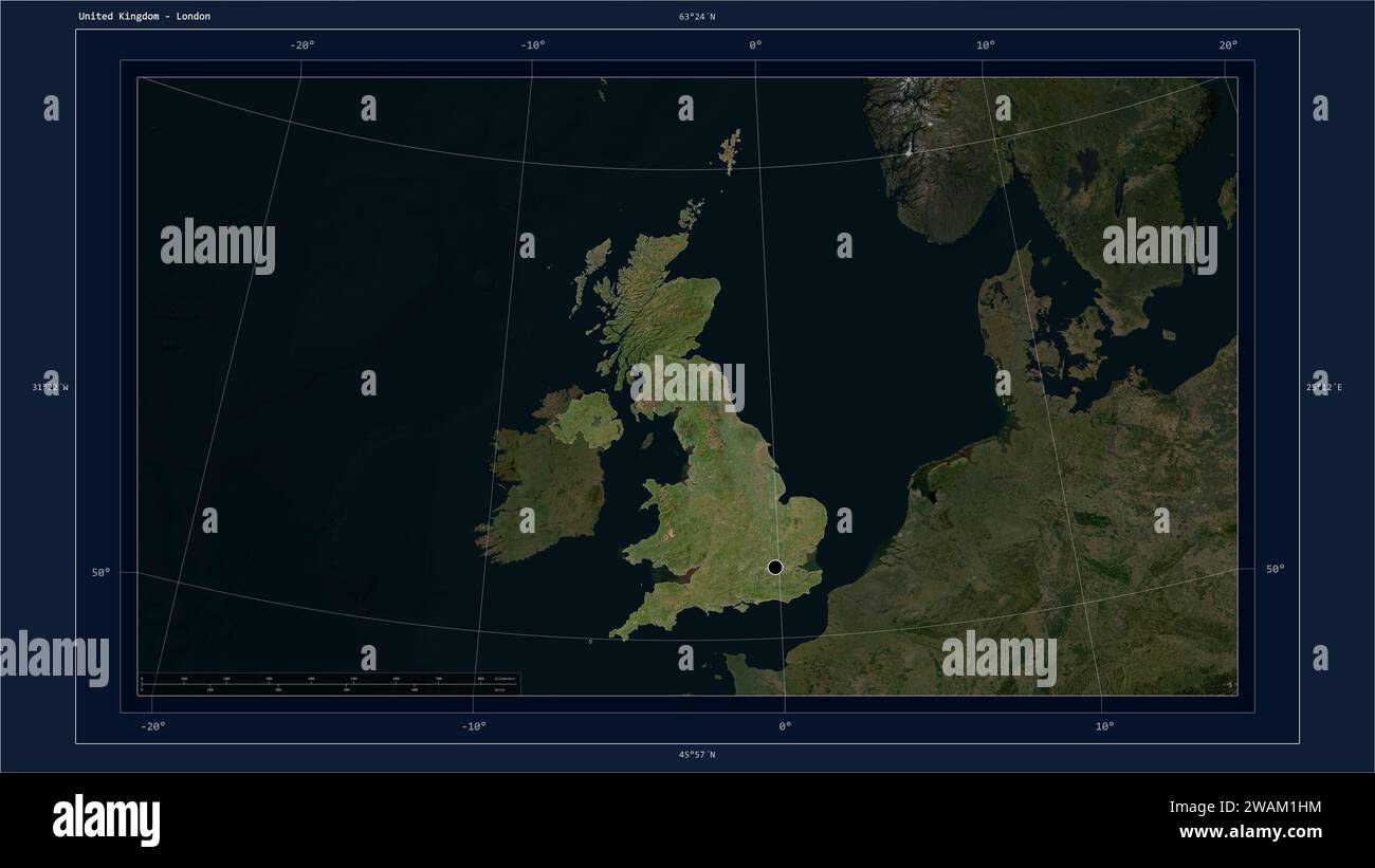 United Kingdom highlighted on a low resolution satellite map map with ...