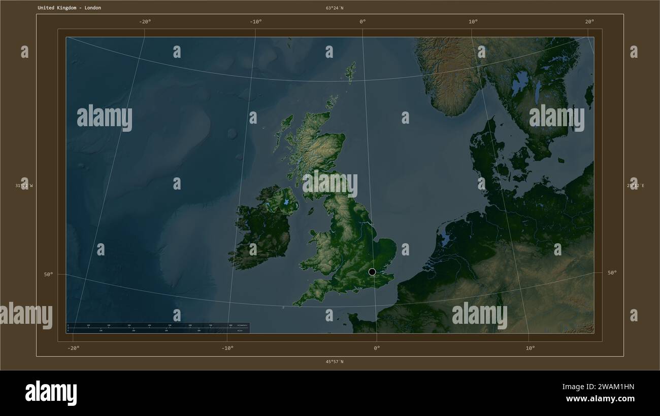 United Kingdom highlighted on a Colored elevation map with lakes and ...