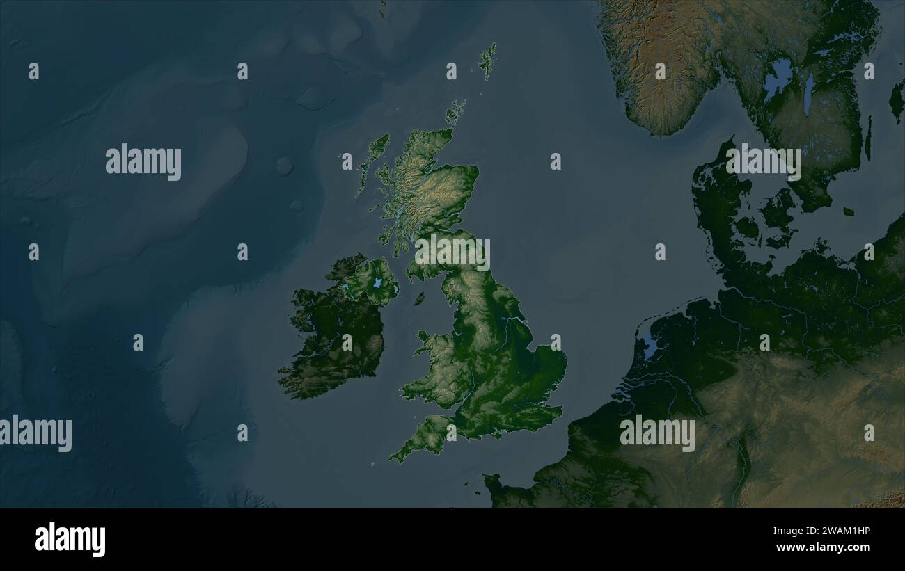 United Kingdom highlighted on a Colored elevation map with lakes and ...