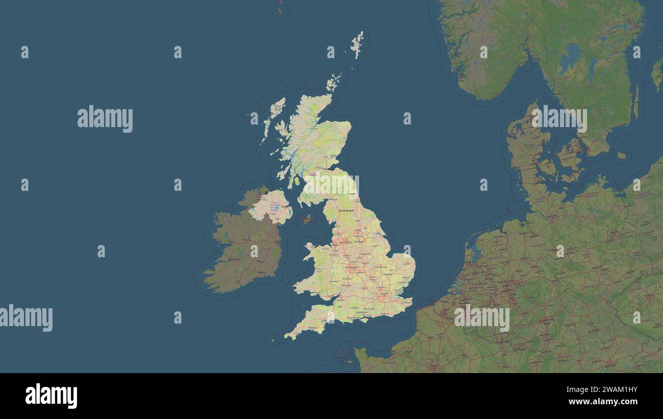 United Kingdom highlighted on a topographic, OSM standard style map ...