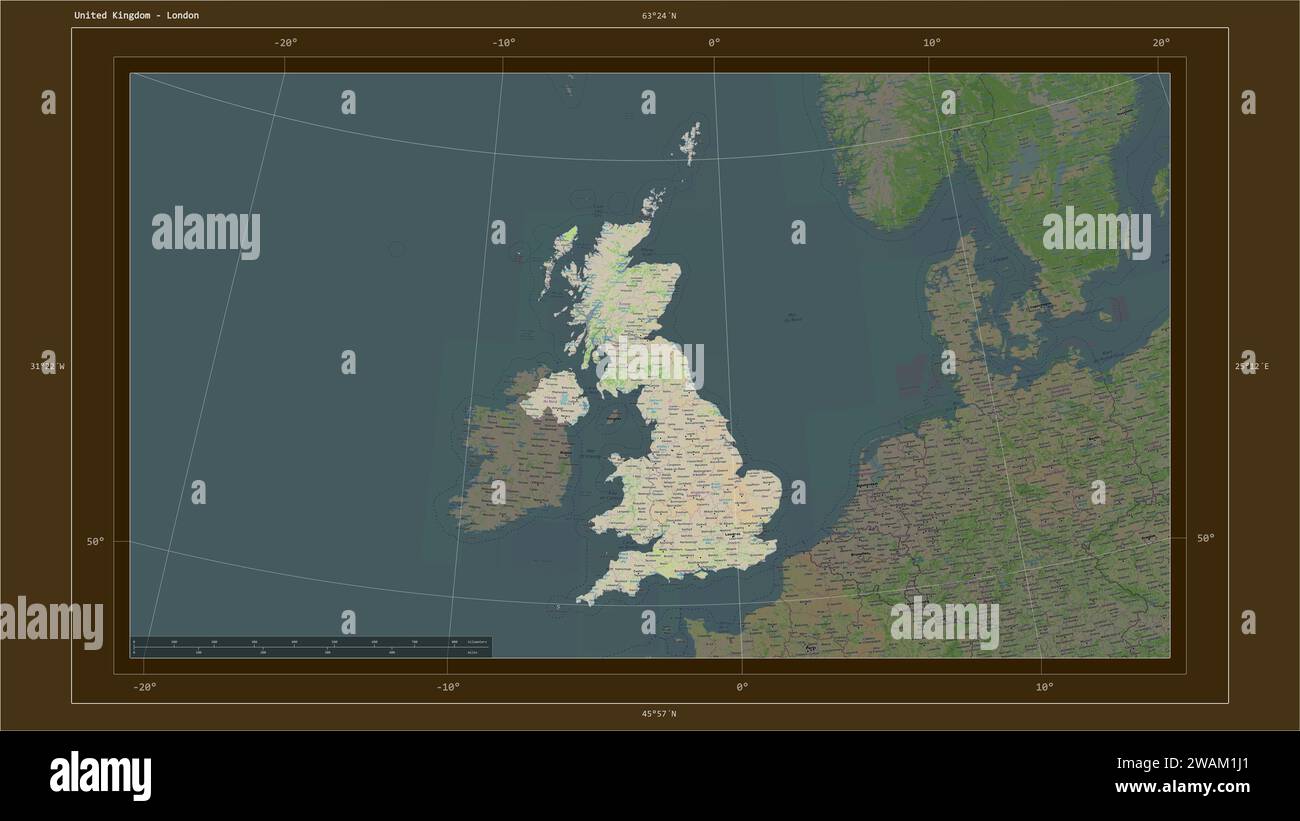 United Kingdom highlighted on a topographic, OSM France style map map ...