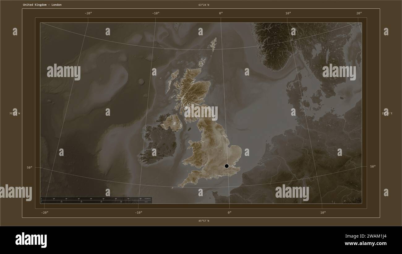 United Kingdom highlighted on a elevation map colored in sepia tones ...