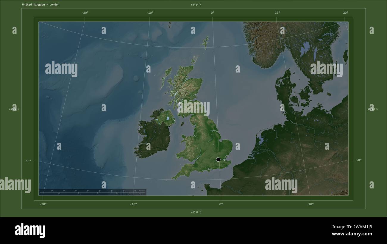 United Kingdom highlighted on a Pale colored elevation map with lakes ...
