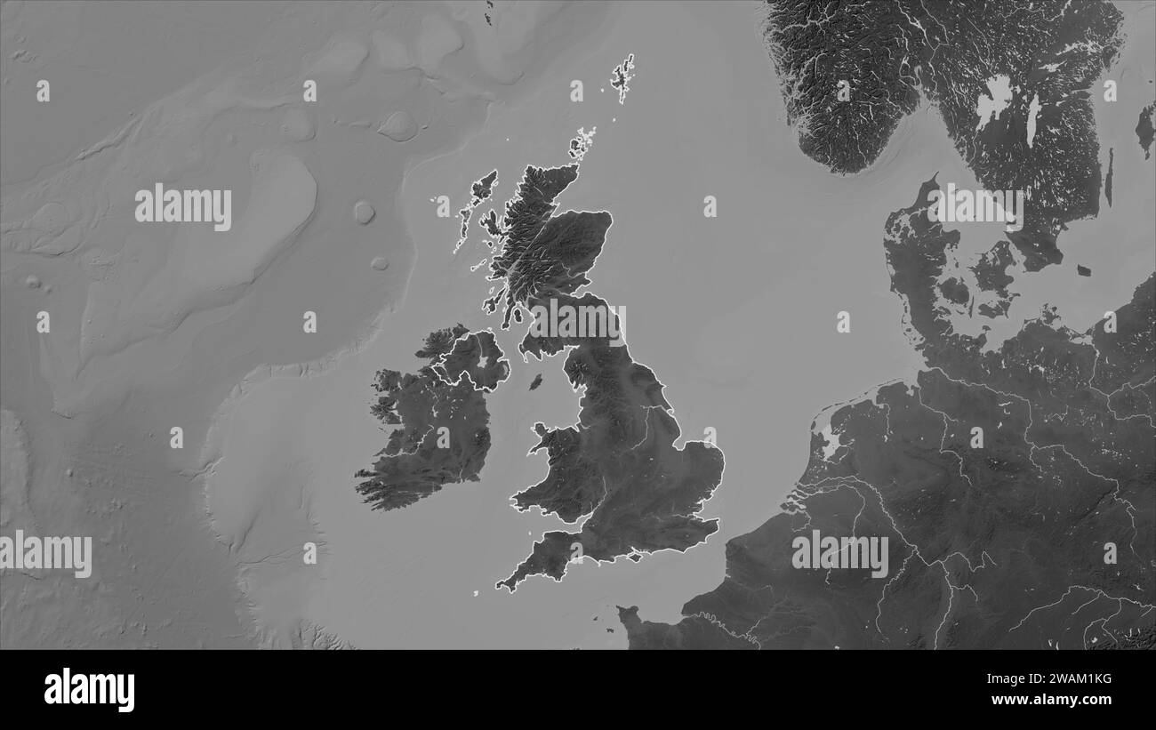 United Kingdom outlined on a Grayscale elevation map with lakes and ...