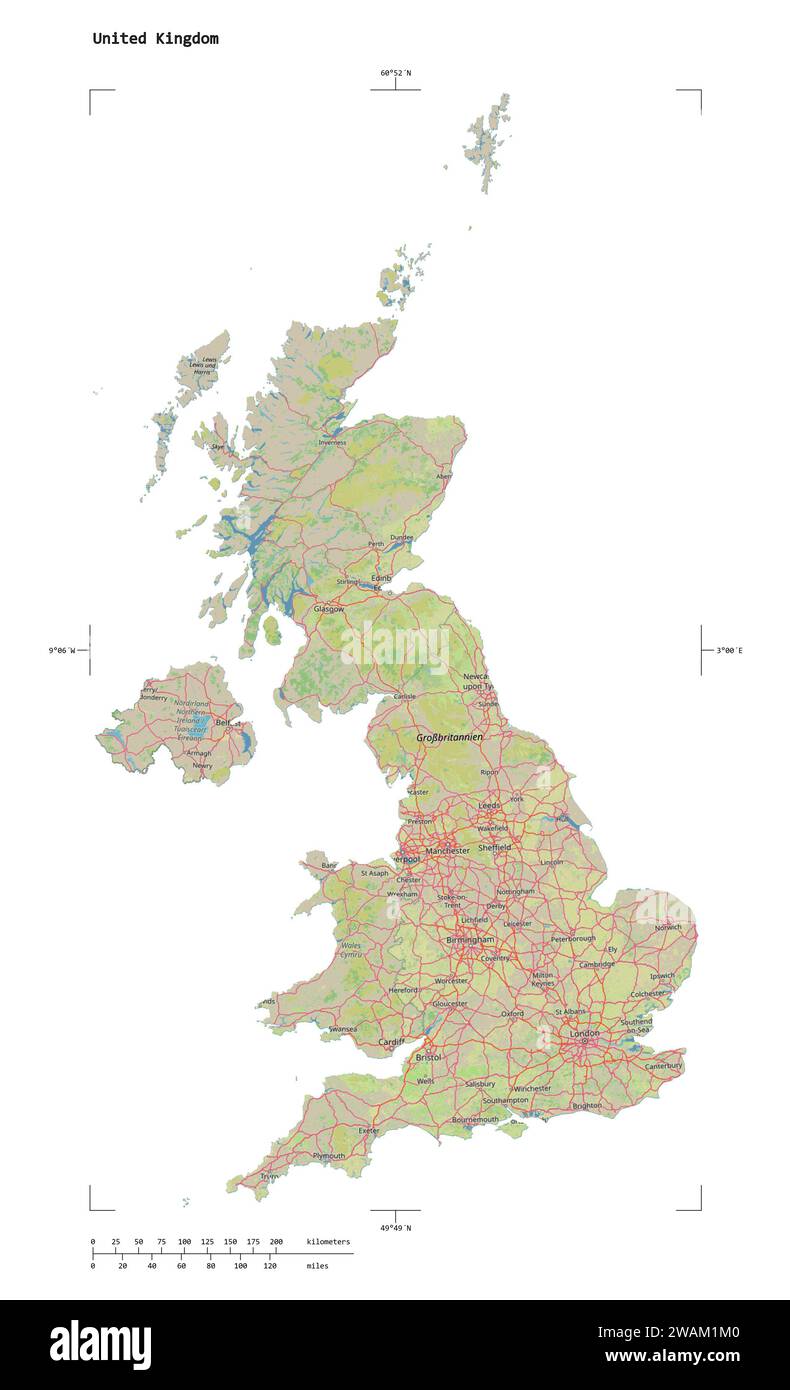 Shape of a topographic, OSM Germany style map of the United Kingdom ...