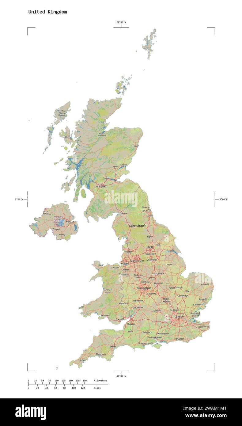 Shape of a topographic, OSM standard style map of the United Kingdom ...