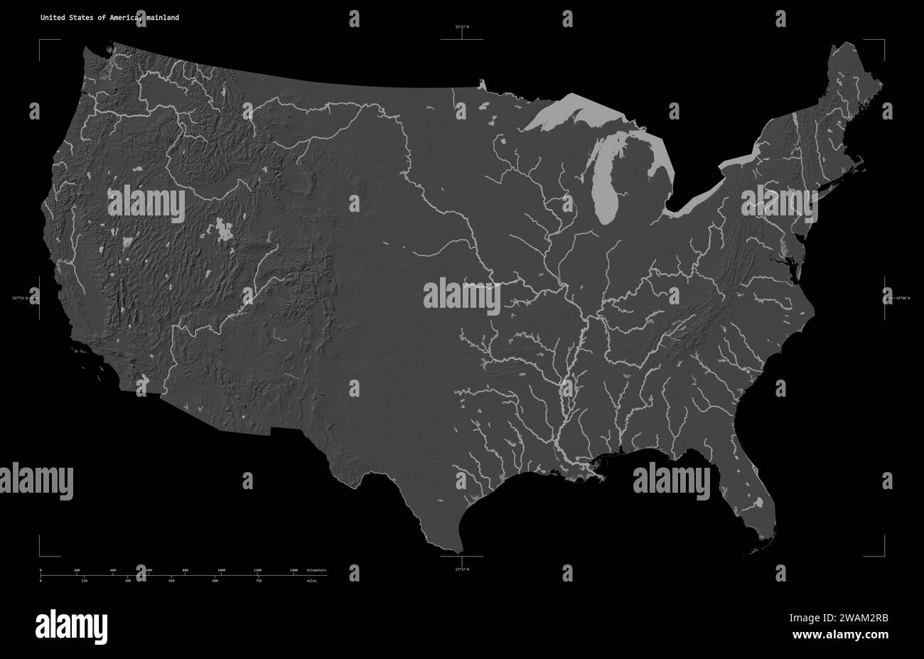 Shape of a Bilevel elevation map with lakes and rivers of the United ...