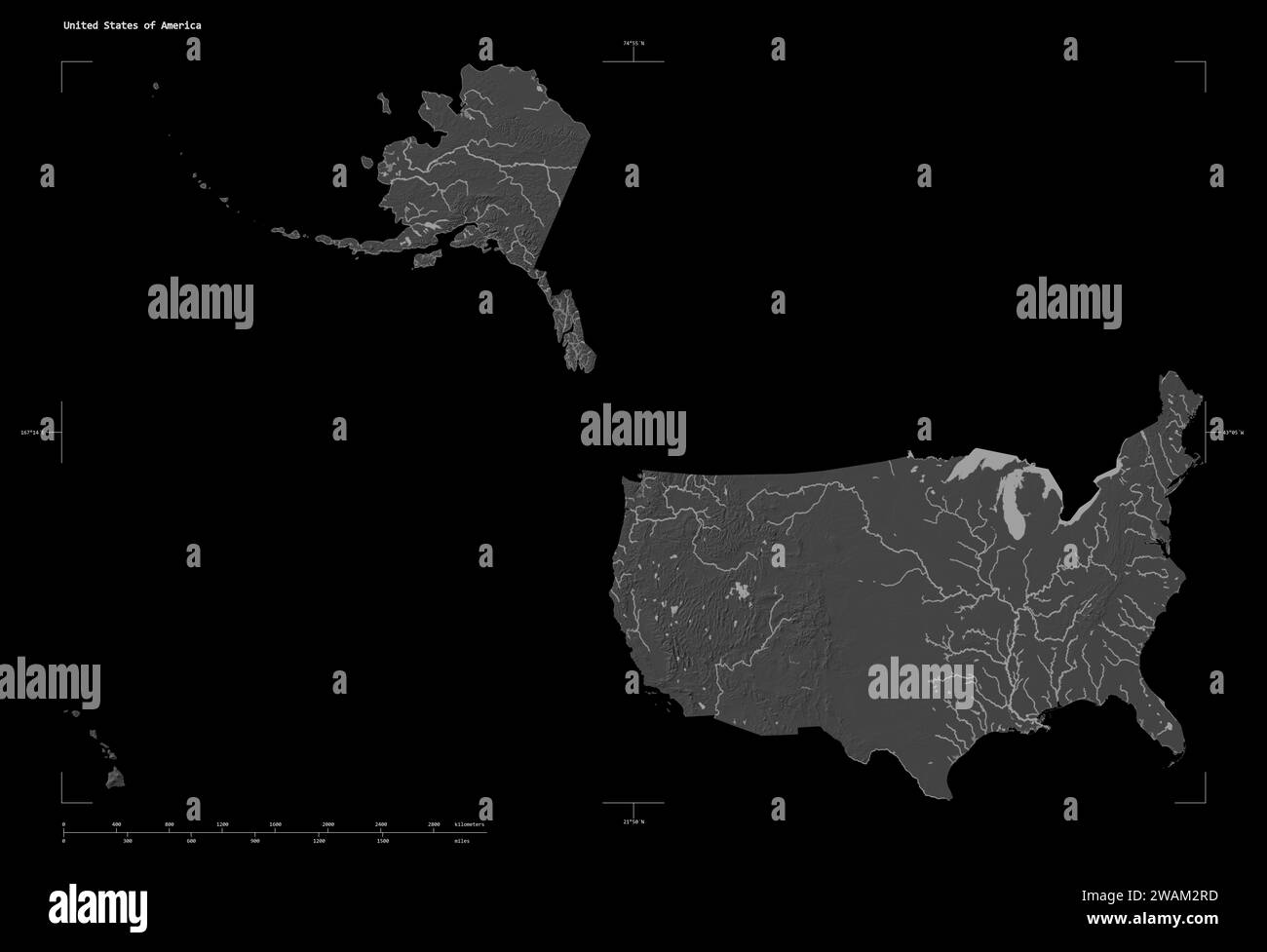 Shape of a Bilevel elevation map with lakes and rivers of the United ...