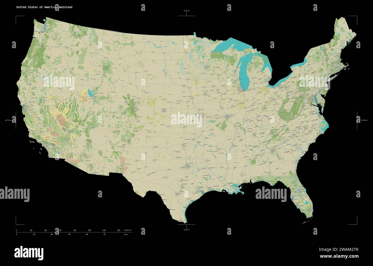 Shape of a topographic, OSM Humanitarian style map of the United States ...
