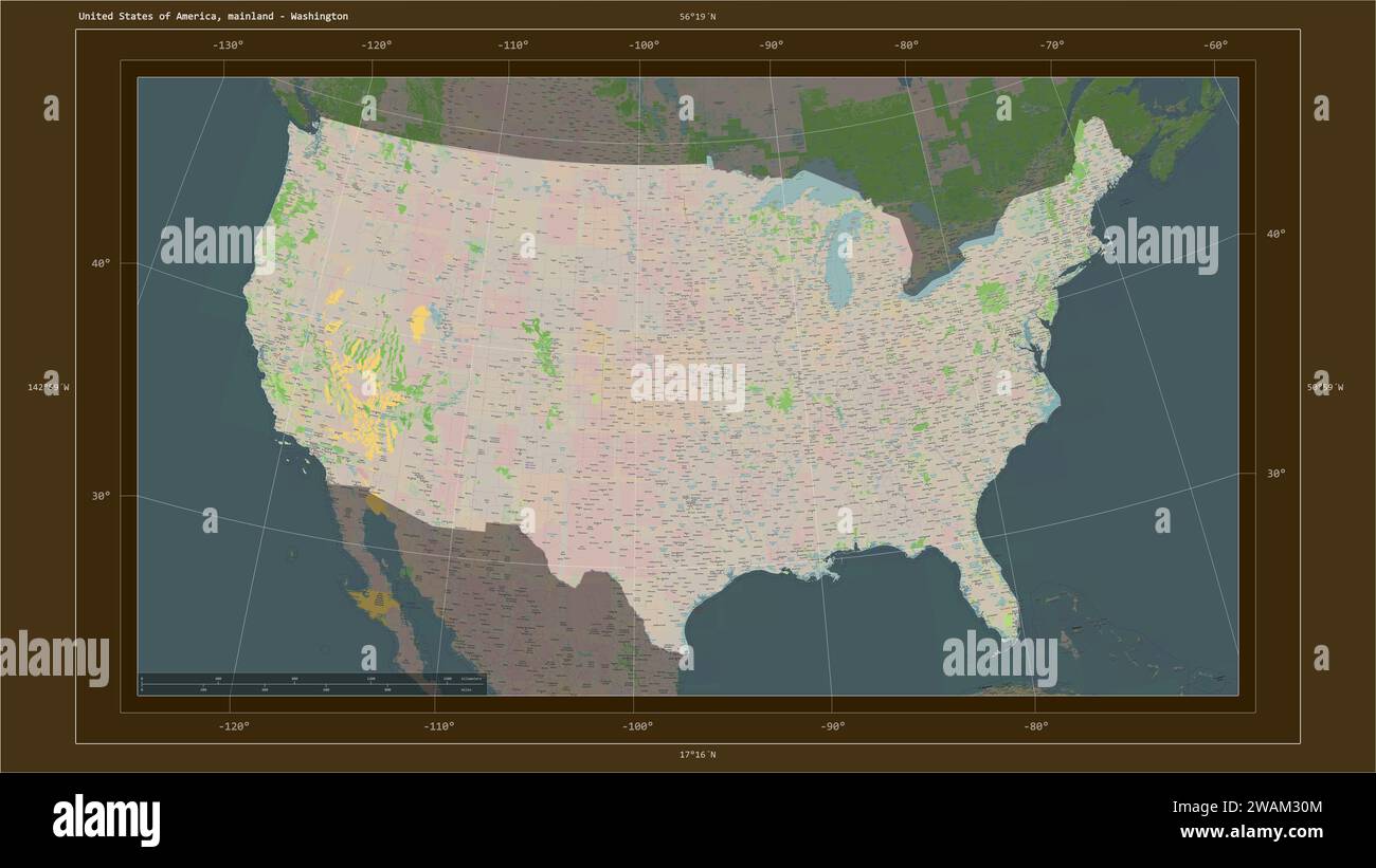 United States of America, mainland highlighted on a topographic, OSM ...