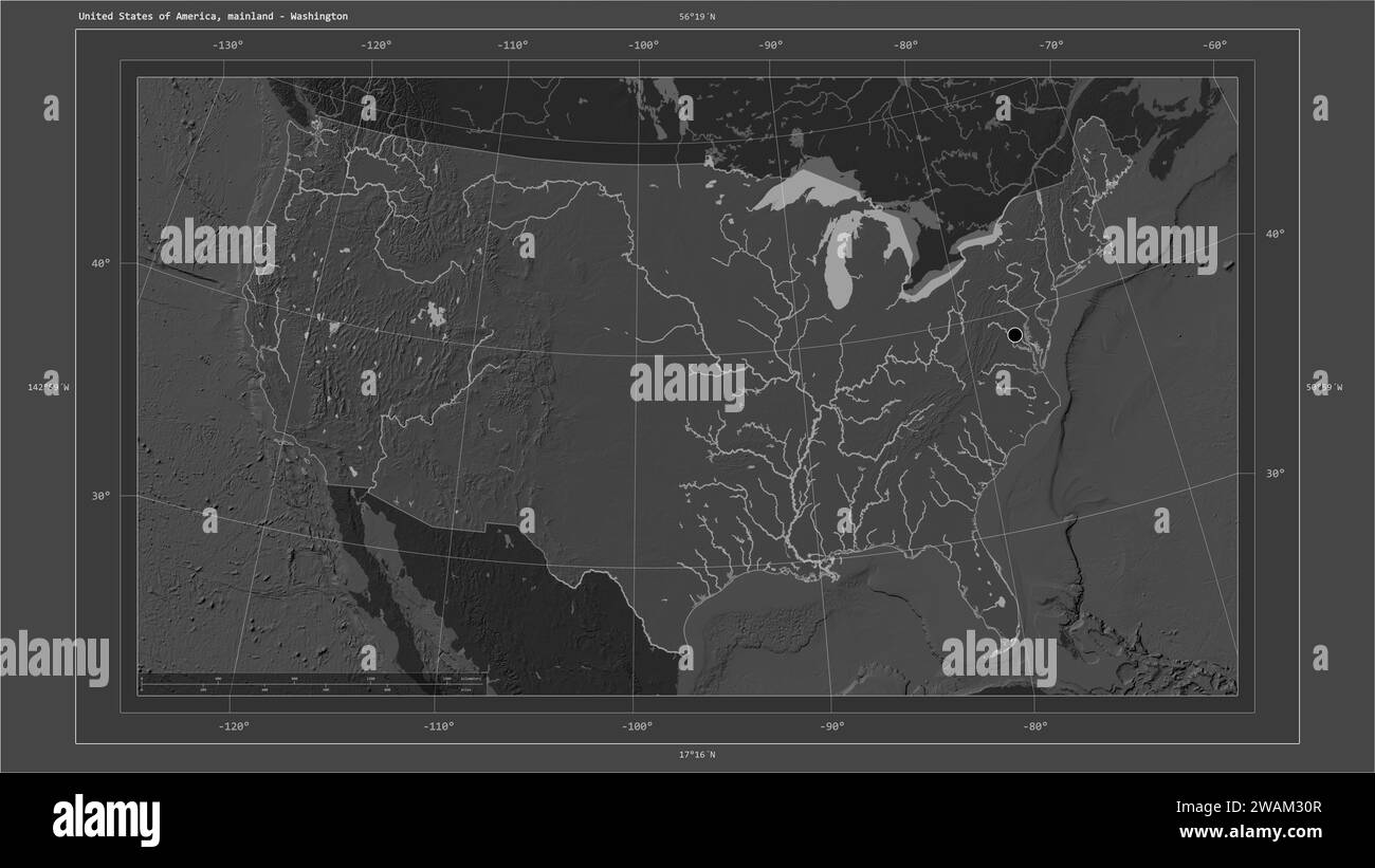 United States of America, mainland highlighted on a Bilevel elevation ...