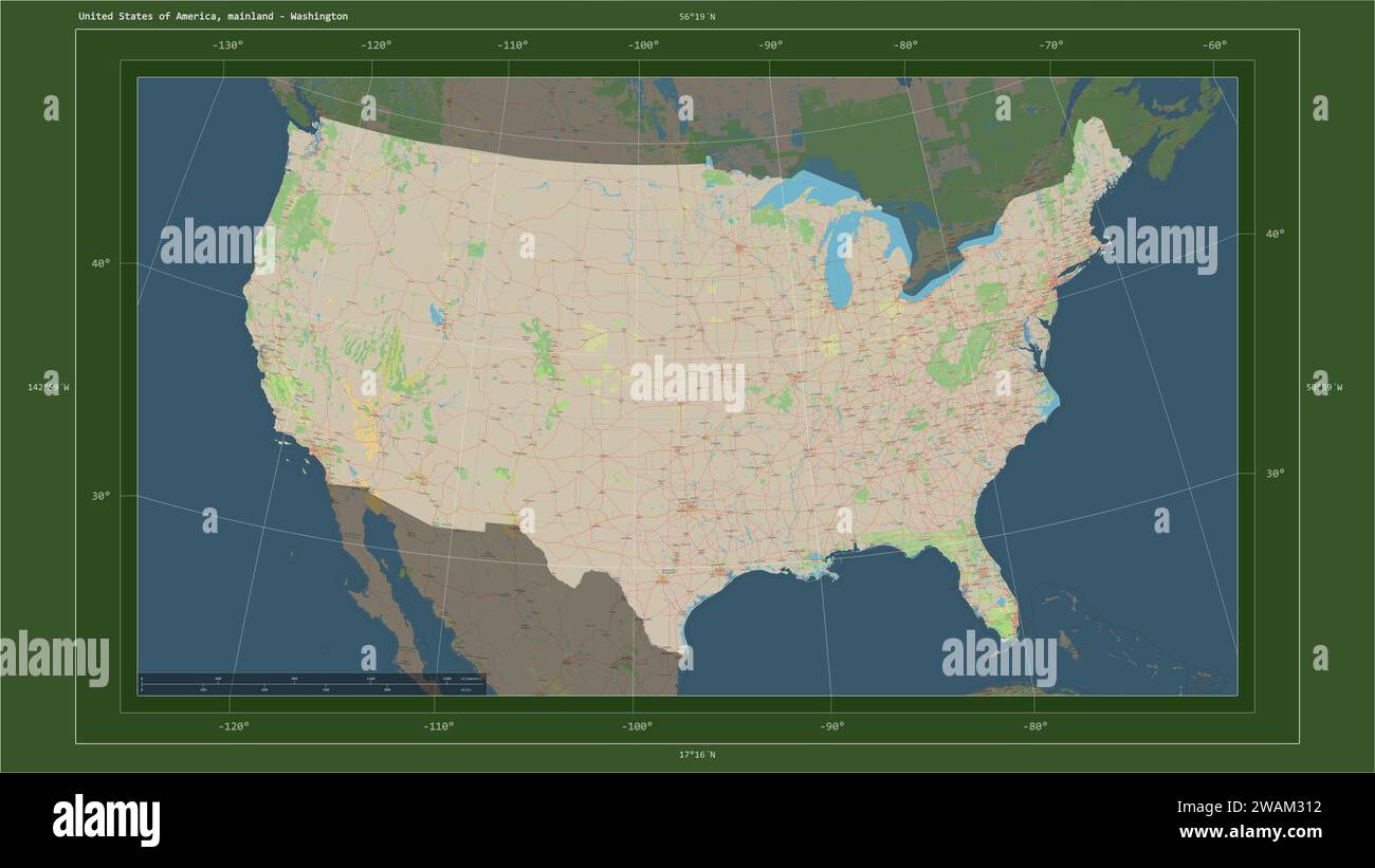 United States of America, mainland highlighted on a topographic, OSM ...