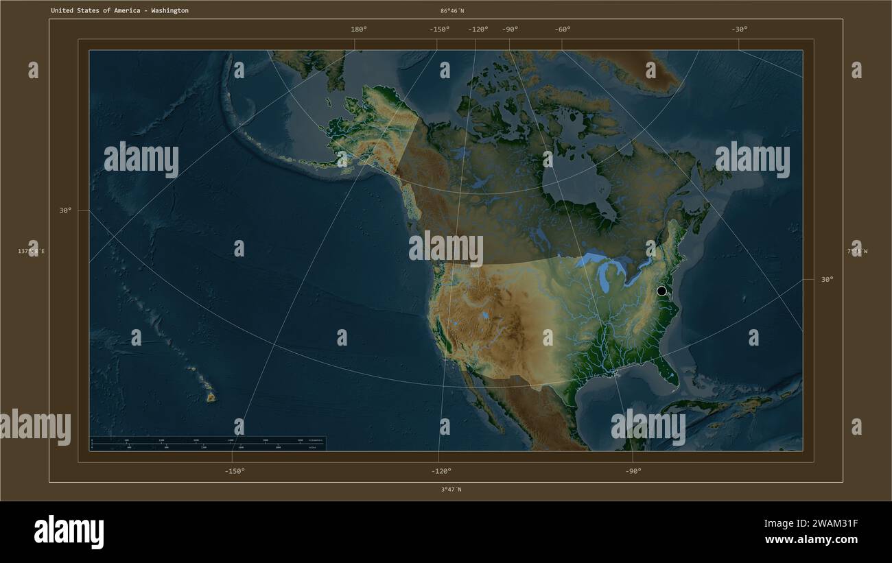 United States of America highlighted on a Colored elevation map with ...