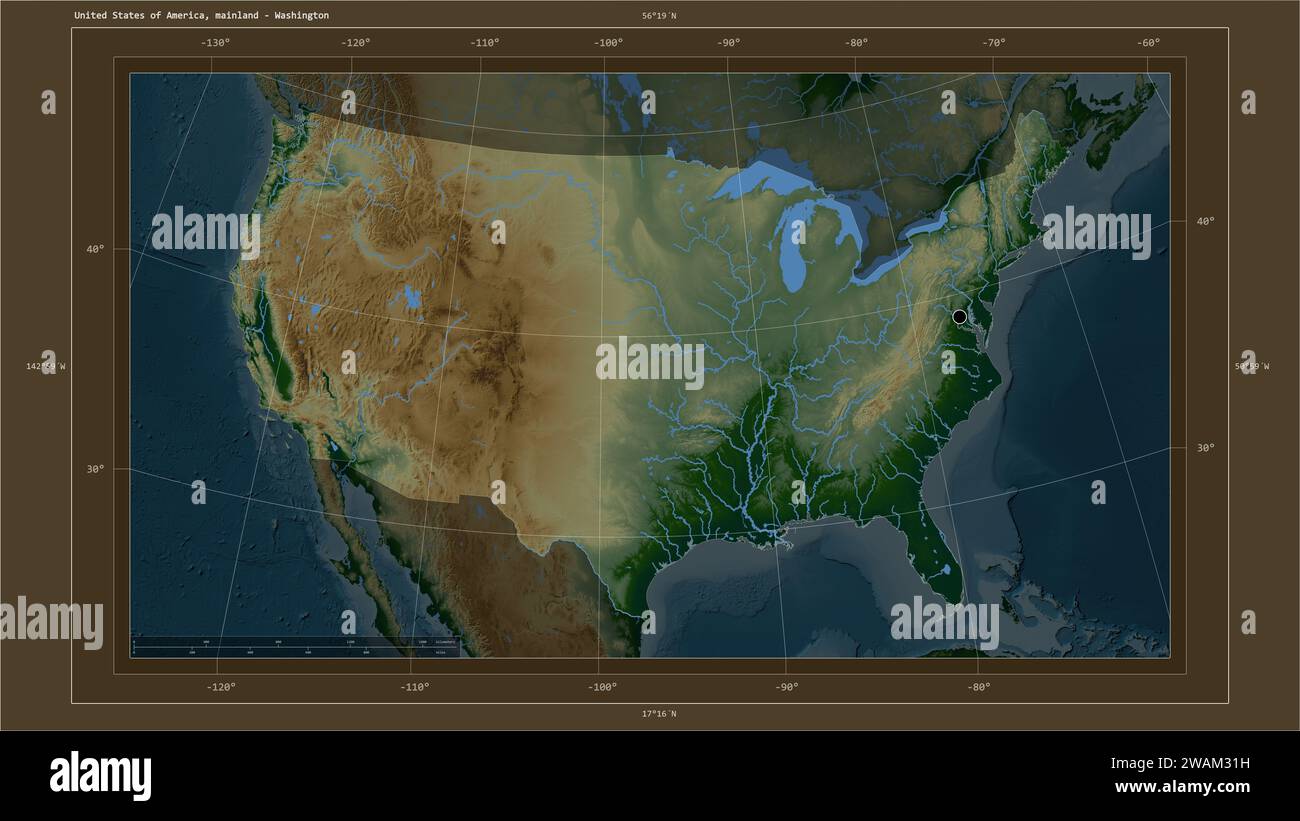 United States of America, mainland highlighted on a Colored elevation ...