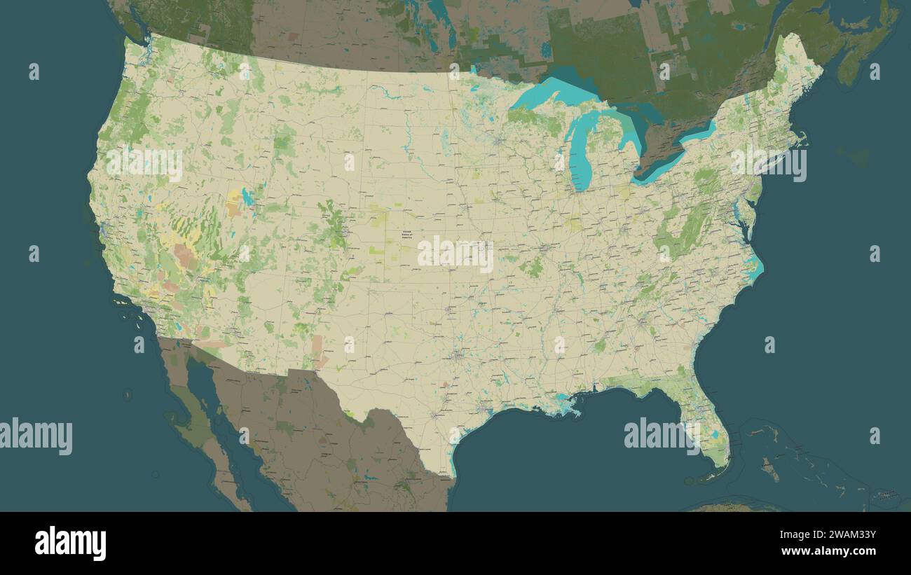 United States of America, mainland highlighted on a topographic, OSM ...