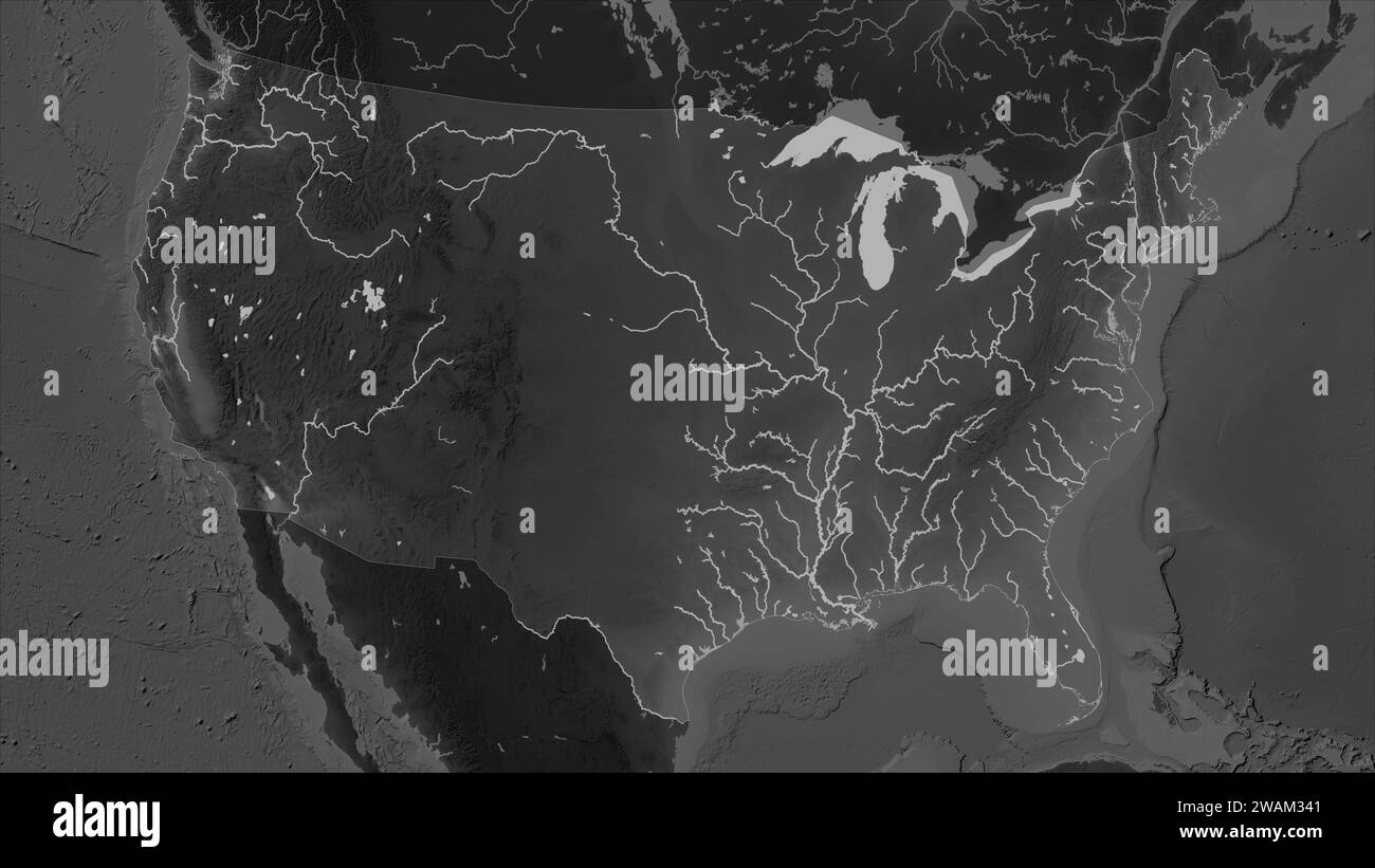 United States of America, mainland highlighted on a Grayscale elevation ...