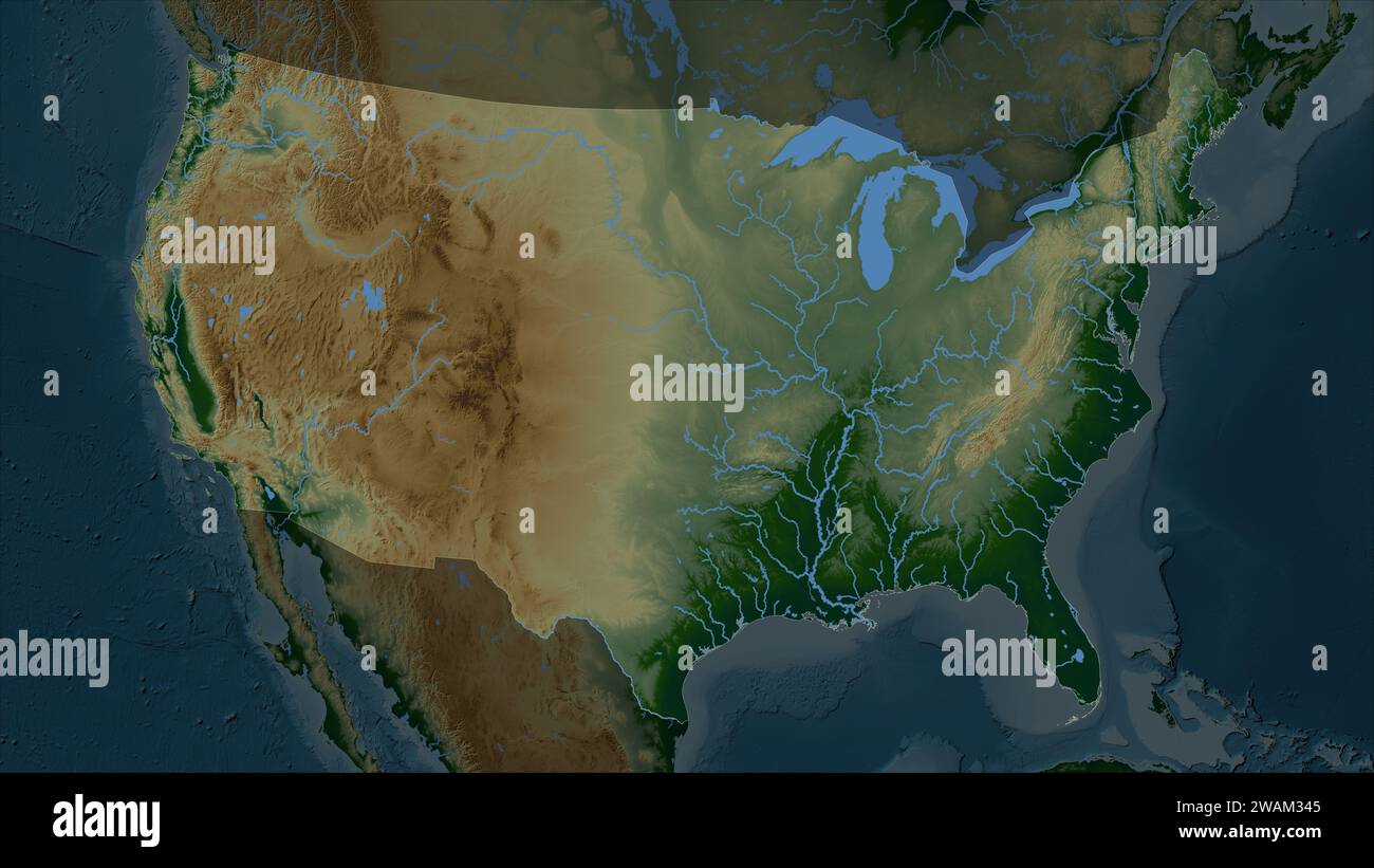 United States of America, mainland highlighted on a Colored elevation ...