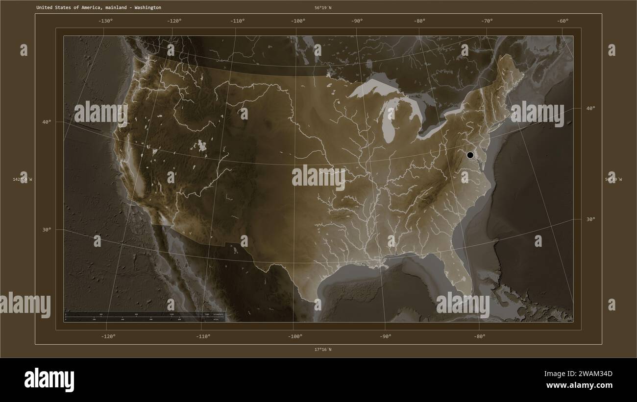 United States of America, mainland highlighted on a elevation map ...