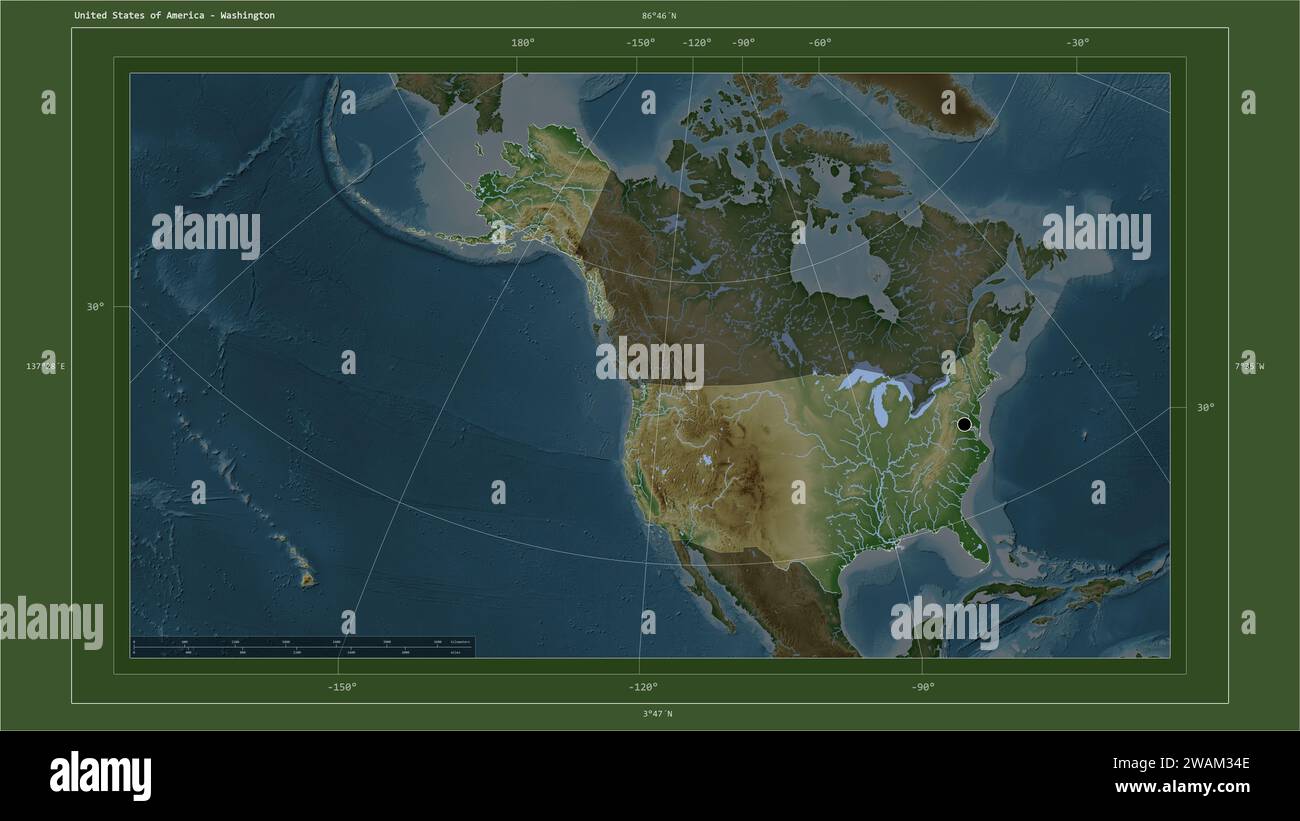 United States of America highlighted on a Pale colored elevation map ...