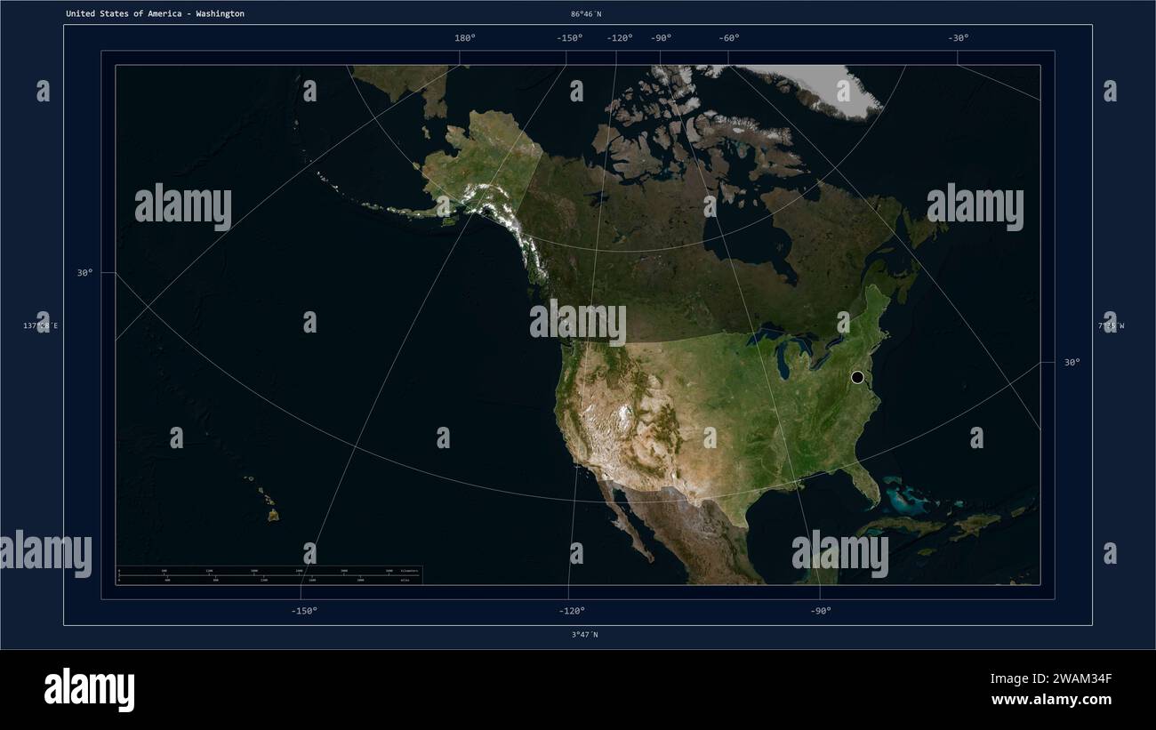 United States of America highlighted on a low resolution satellite map ...