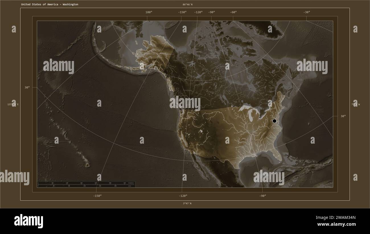 United States of America highlighted on a elevation map colored in ...