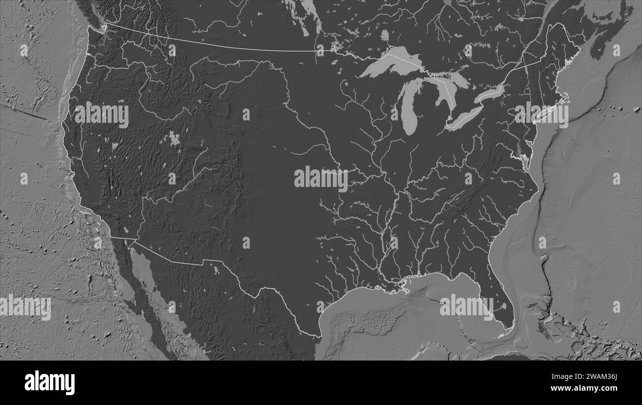 United States of America, mainland outlined on a Bilevel elevation map ...