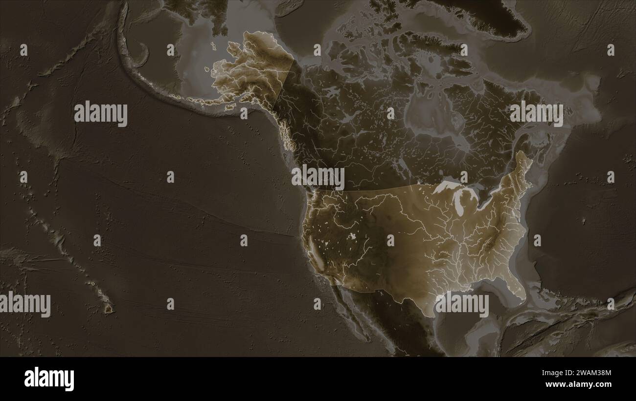 United States of America highlighted on a elevation map colored in ...