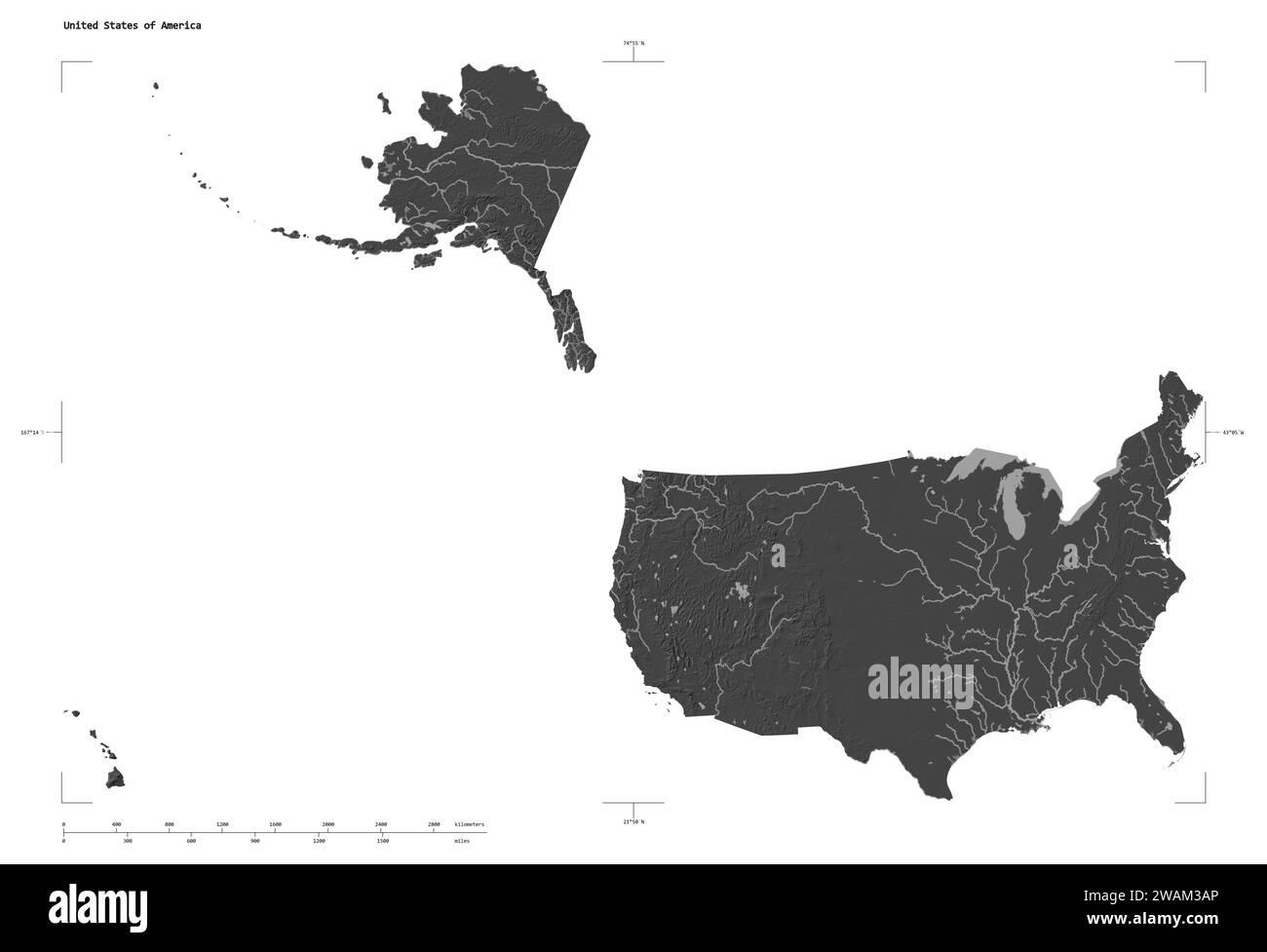 Shape of a Bilevel elevation map with lakes and rivers of the United ...