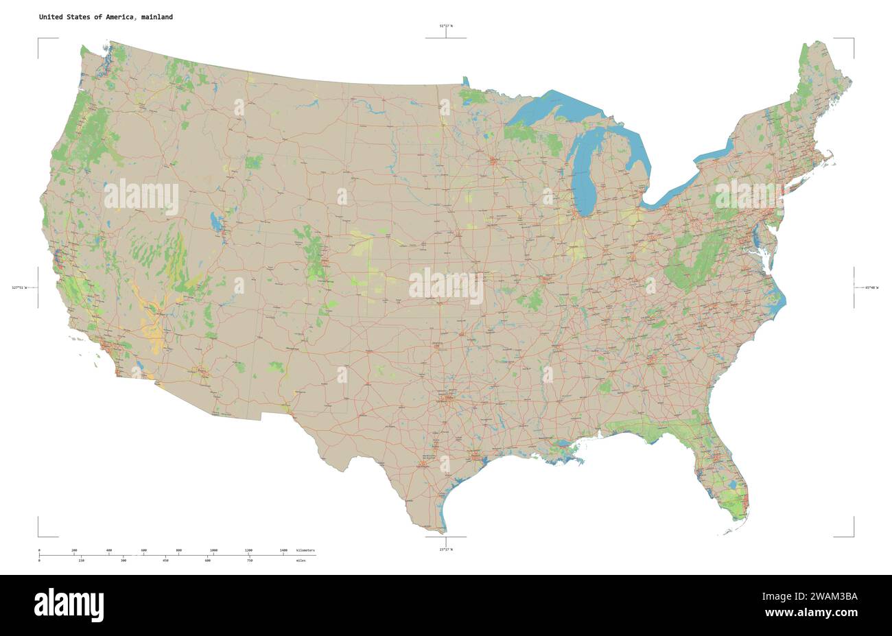 Shape of a topographic, OSM Germany style map of the United States of ...