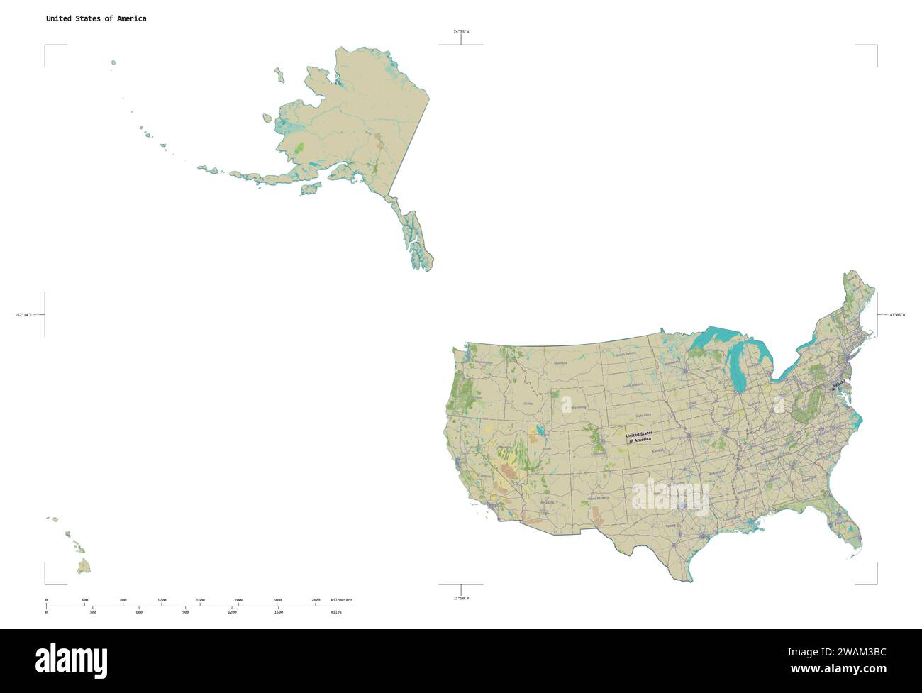 Shape of a topographic, OSM Humanitarian style map of the United States ...