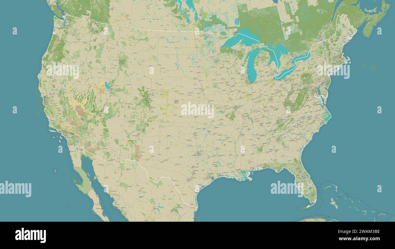United States of America, mainland outlined on a topographic, OSM ...