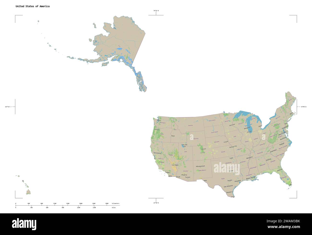 Shape of a topographic, OSM standard style map of the United States of ...