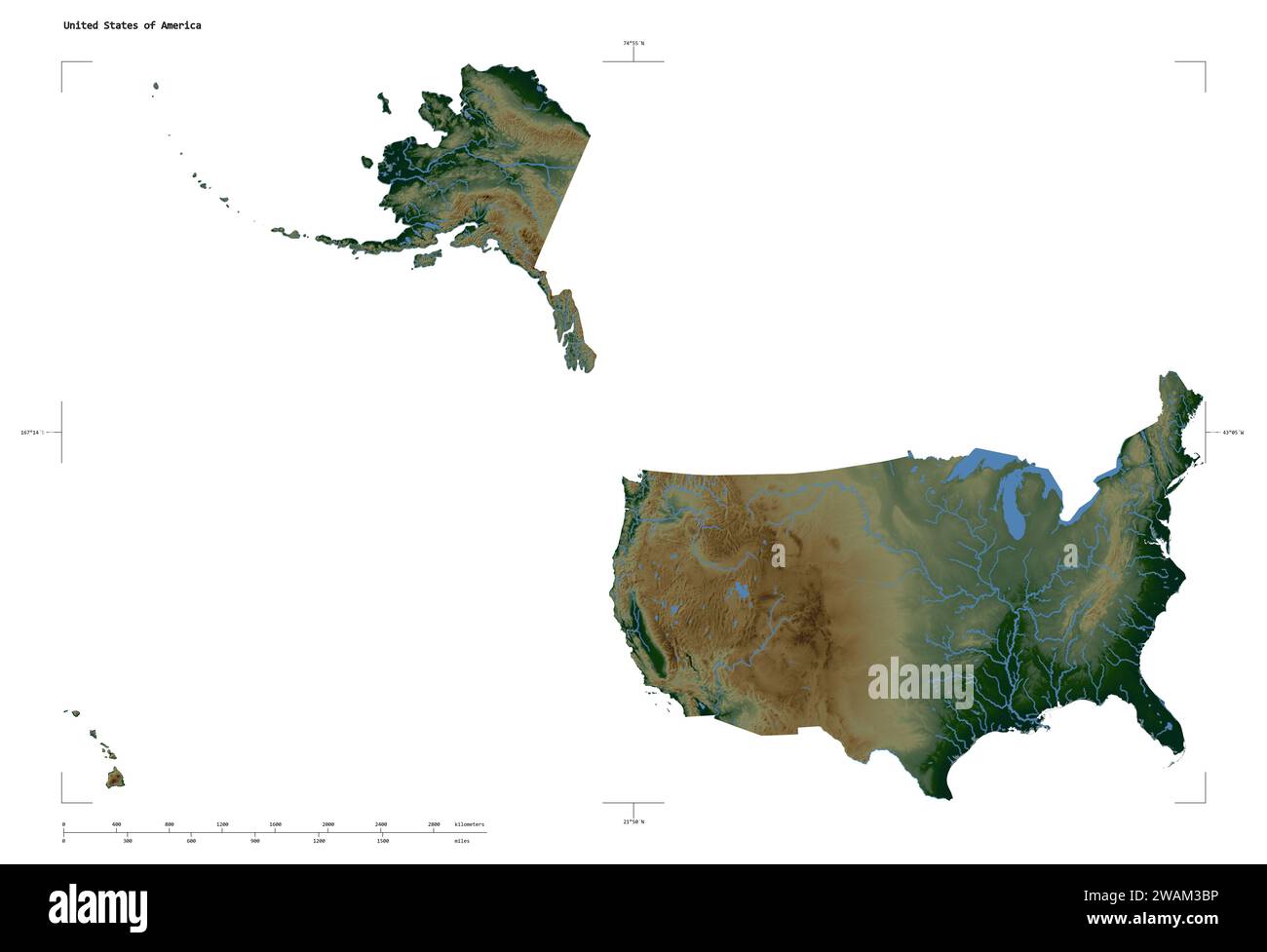 Shape of a Colored elevation map with lakes and rivers of the United ...