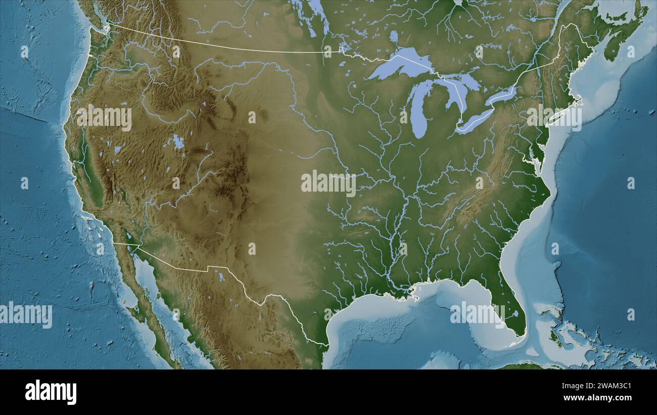 United States of America, mainland outlined on a Pale colored elevation ...