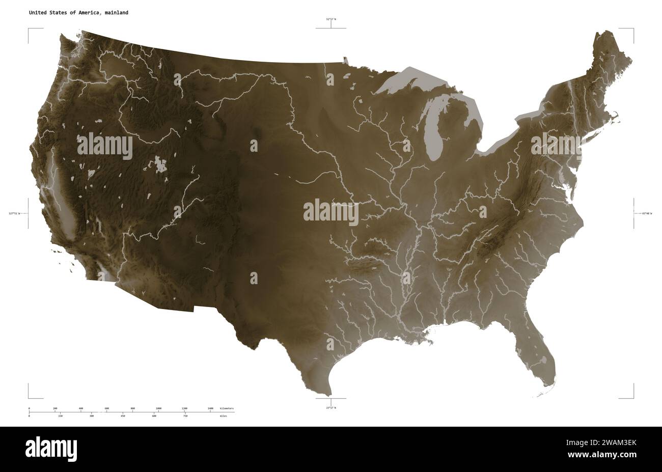 Shape of a elevation map colored in sepia tones with lakes and rivers ...
