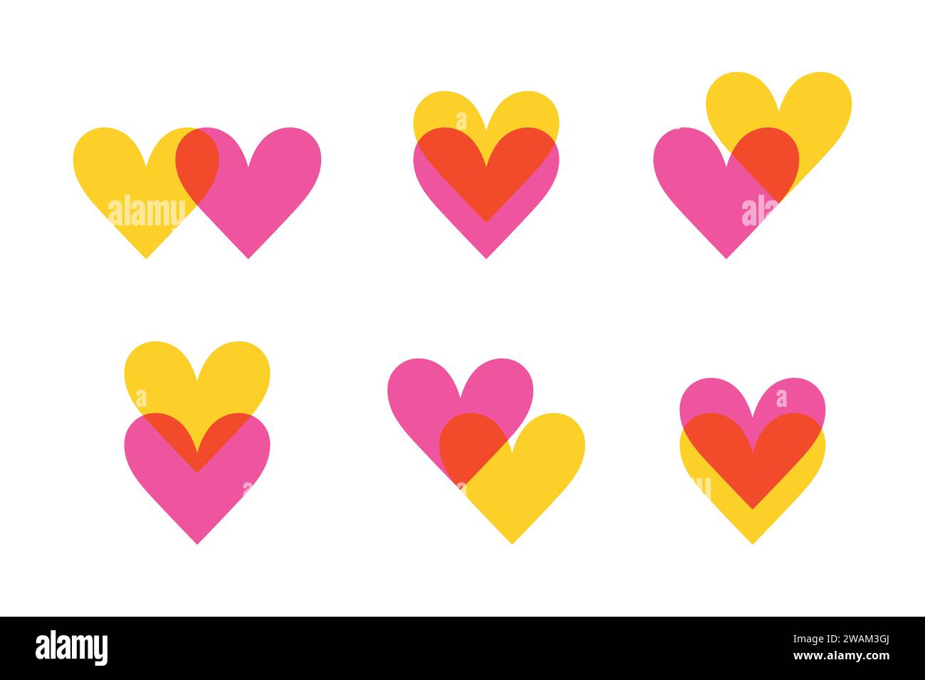 Bright colored hearts icon set. Hearts merged. Heart on heart. Flat ...