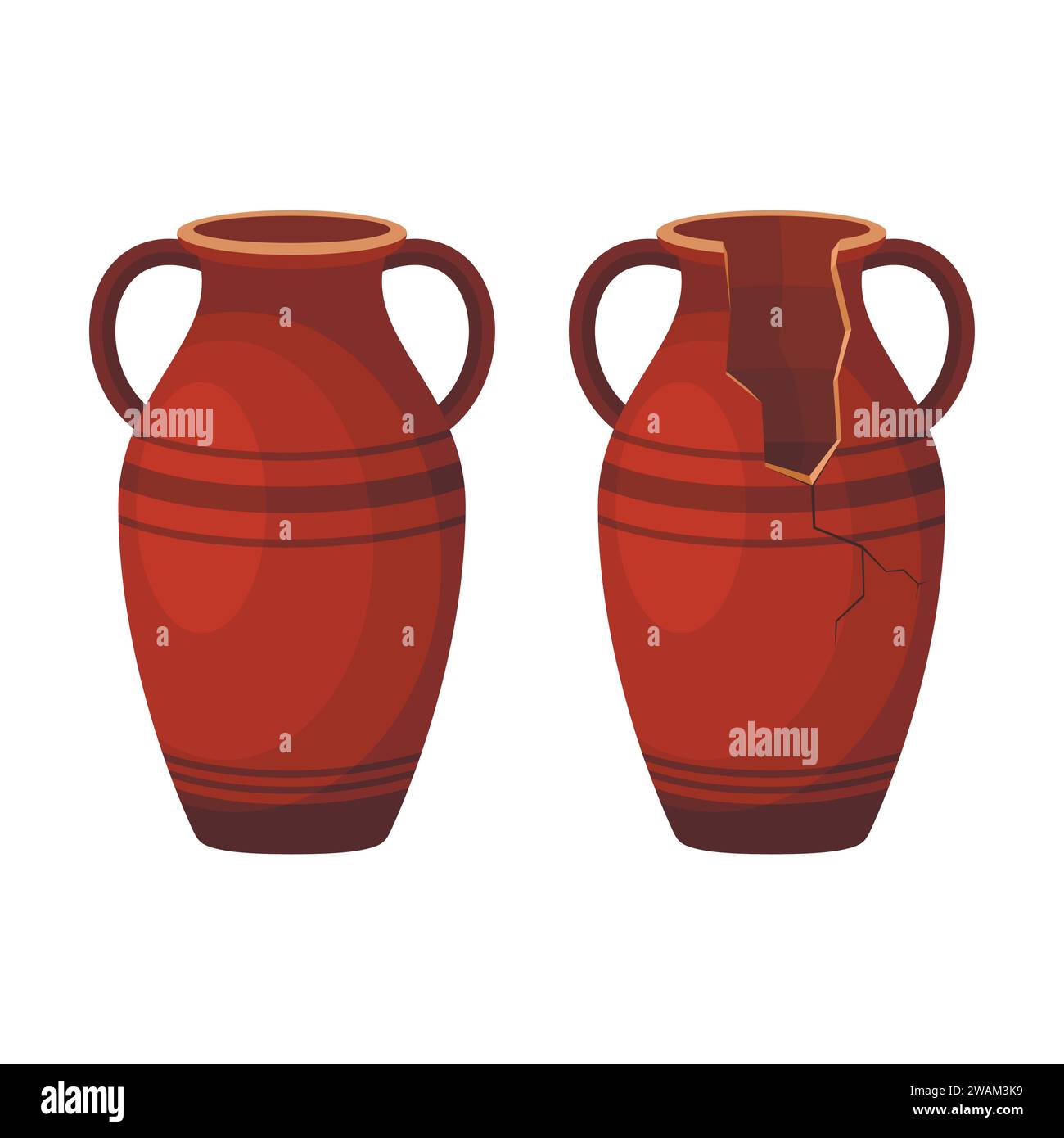 Whole and broken ancient amphora icon with two handles. Antique clay ...