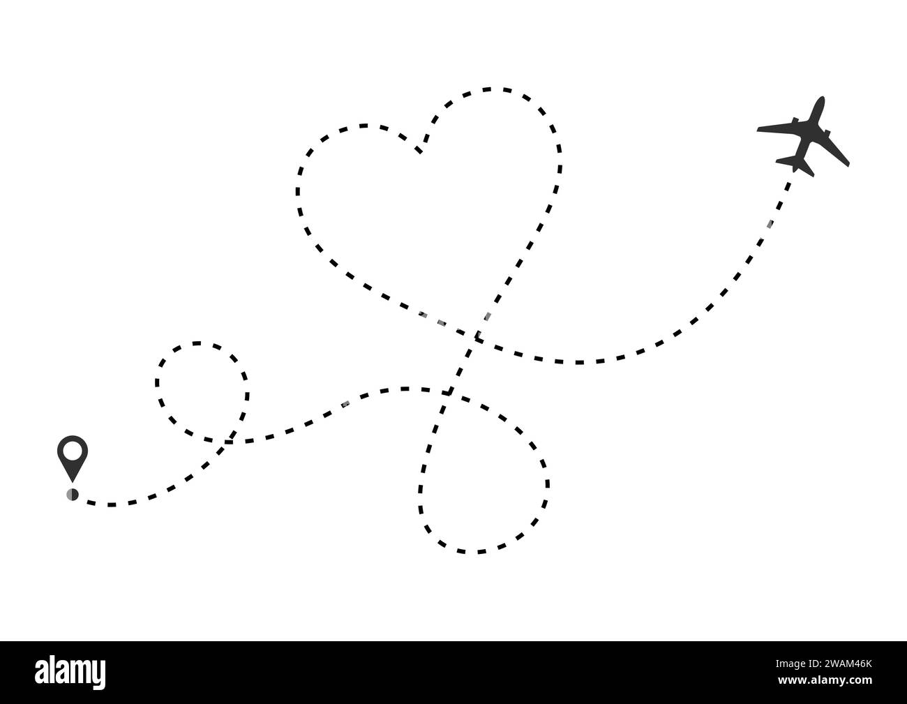 Love airplane route. Heart dashed line trace and plane routes isolated ...