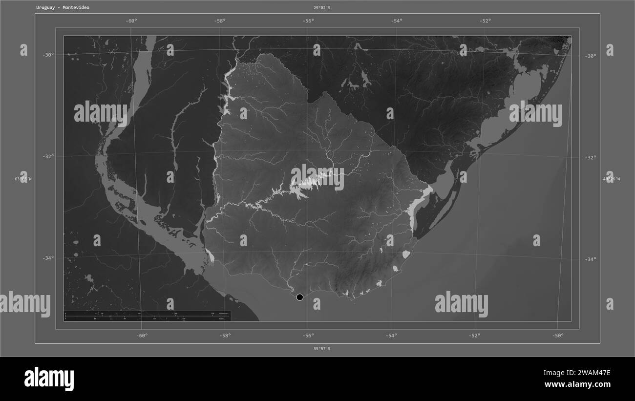 Uruguay highlighted on a Grayscale elevation map with lakes and rivers ...