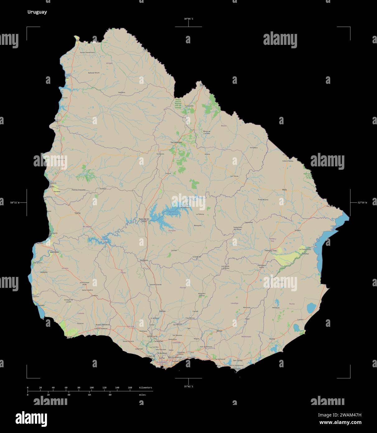 Shape of a topographic, OSM standard style map of the Uruguay, with ...