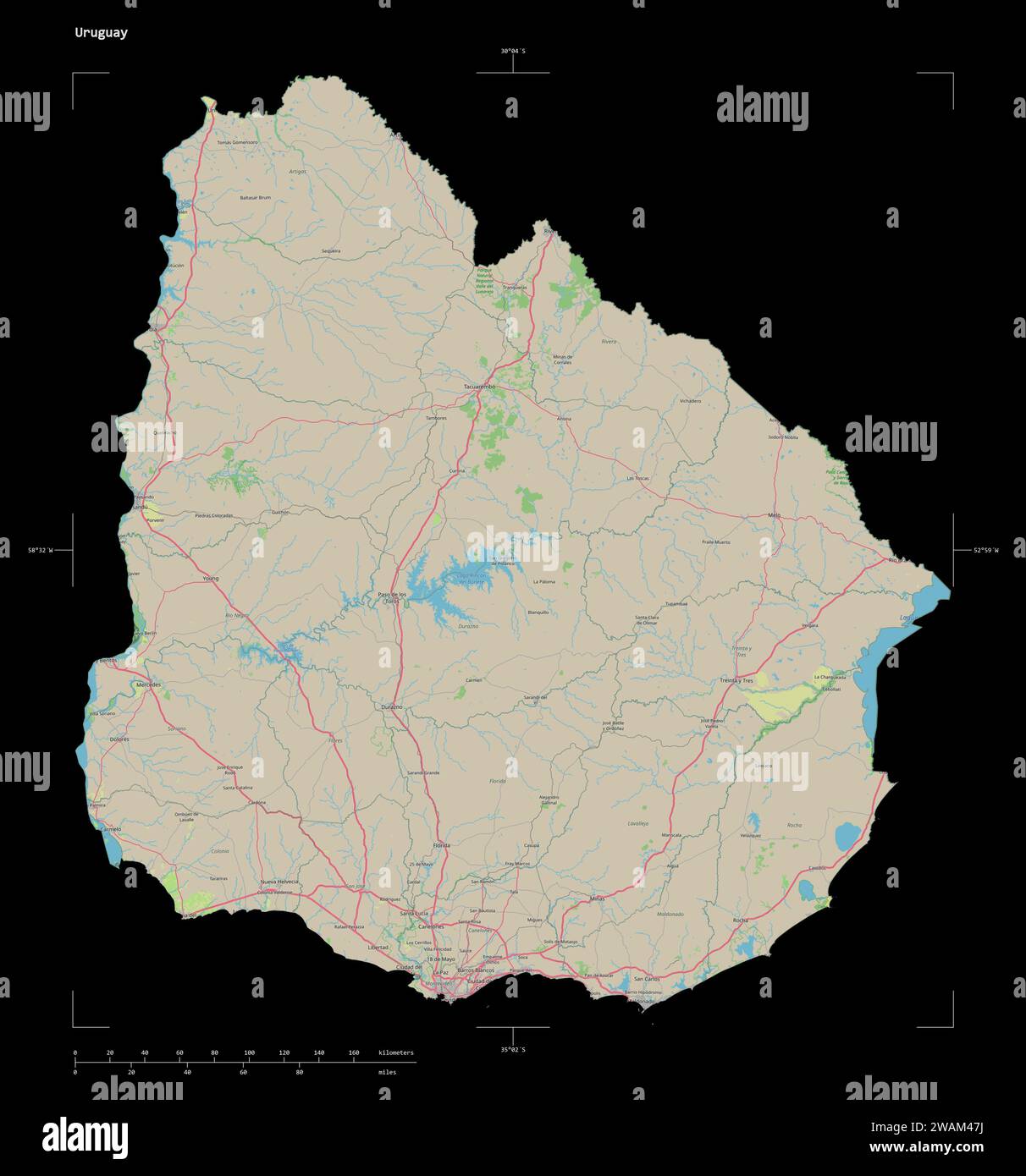 Shape of a topographic, OSM Germany style map of the Uruguay, with distance scale and map border ...