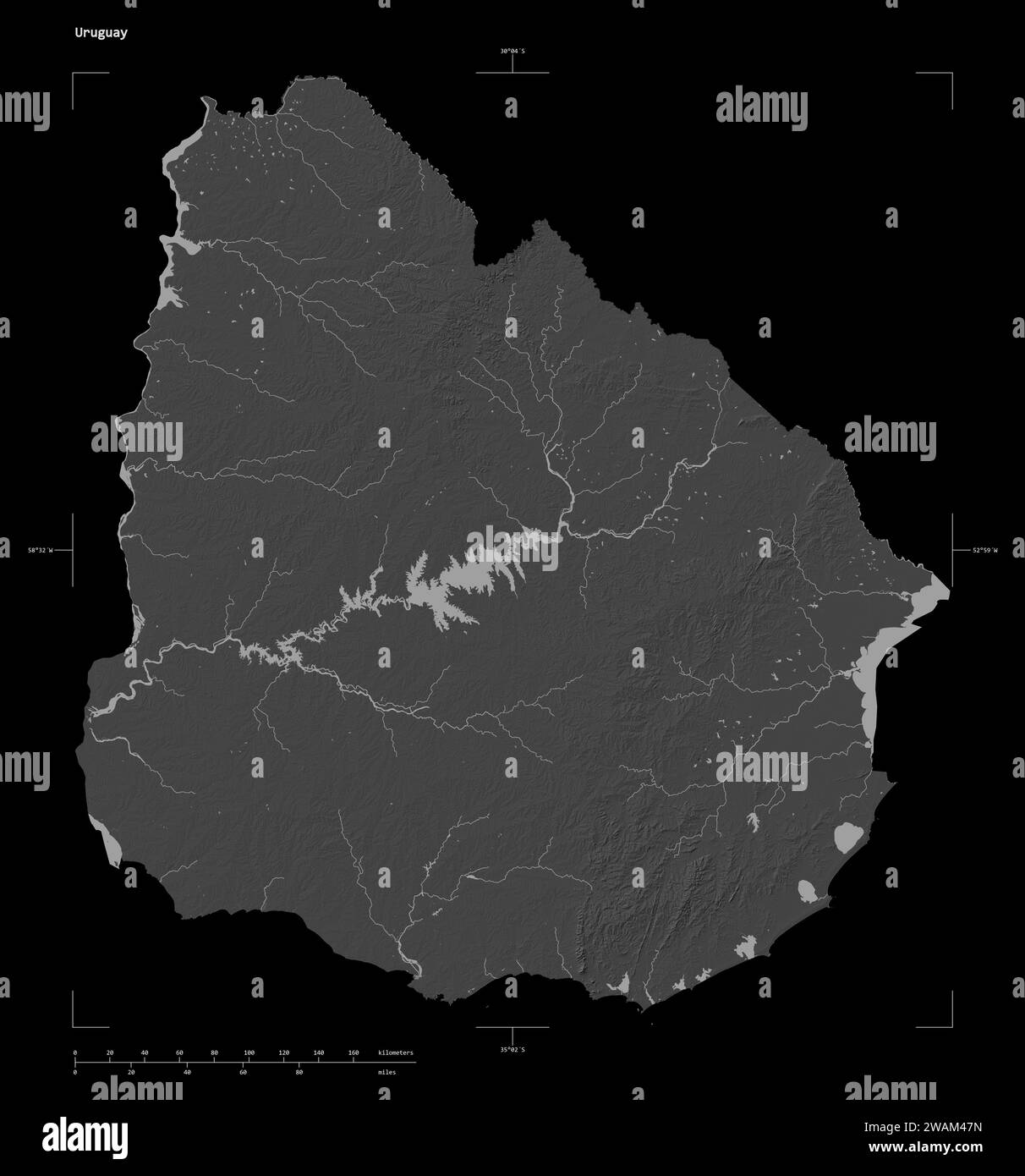 Shape of a Bilevel elevation map with lakes and rivers of the Uruguay ...