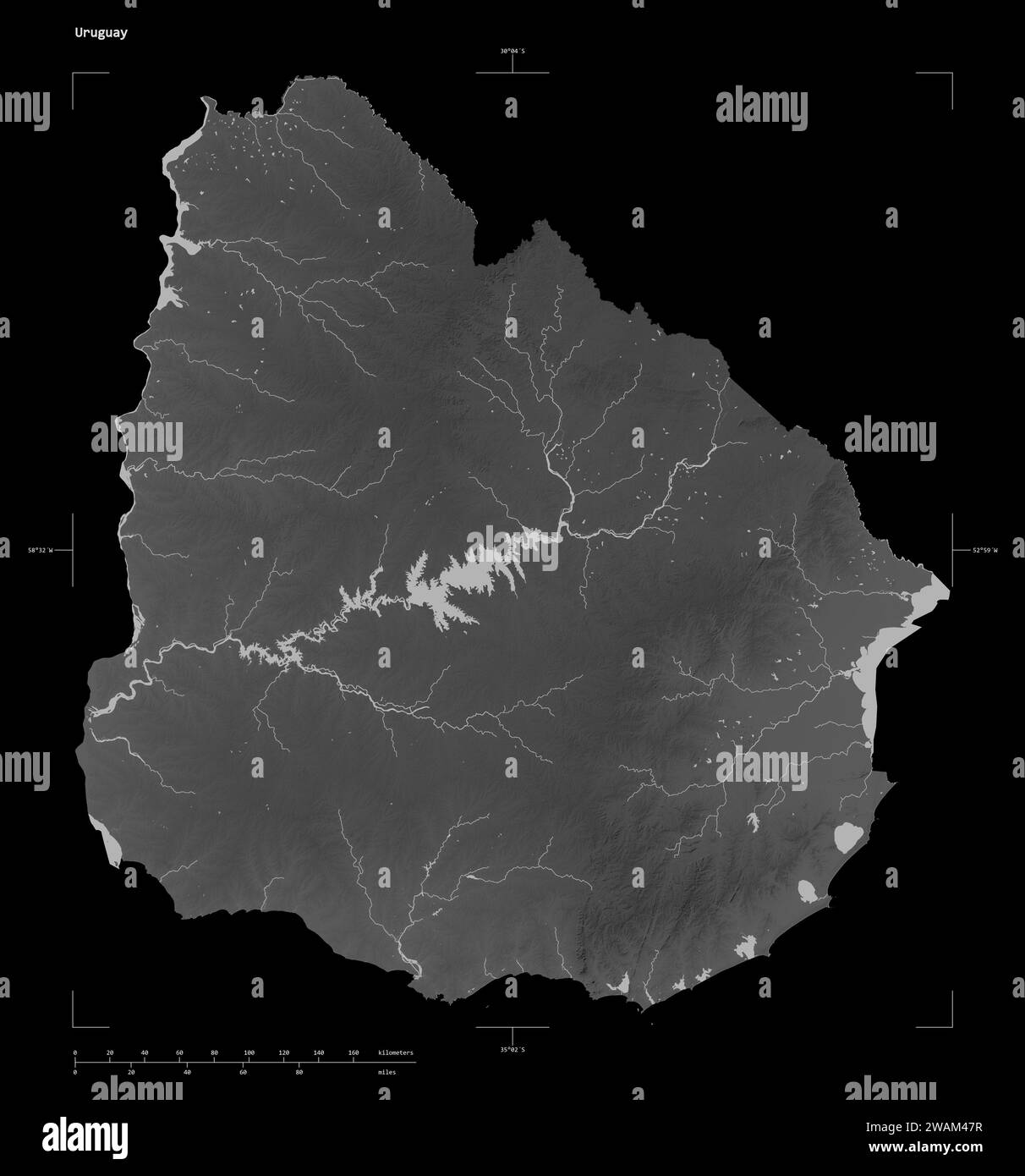 Shape of a Grayscale elevation map with lakes and rivers of the Uruguay ...