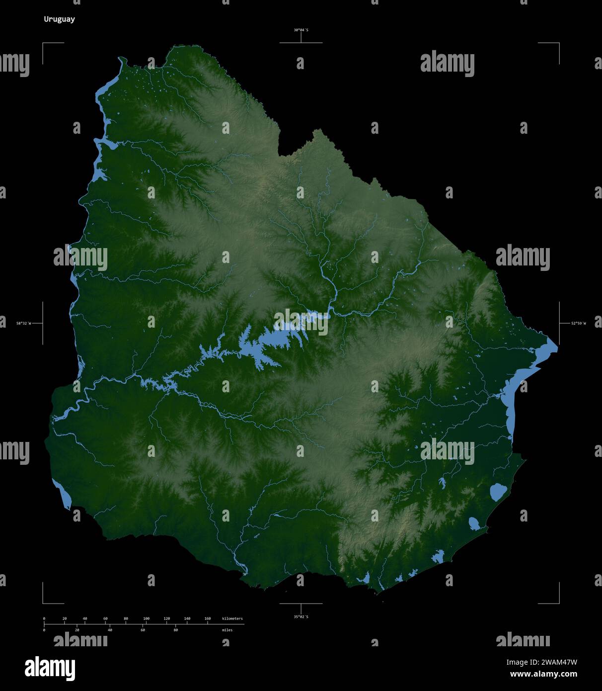 Shape of a Colored elevation map with lakes and rivers of the Uruguay, with distance scale and ...