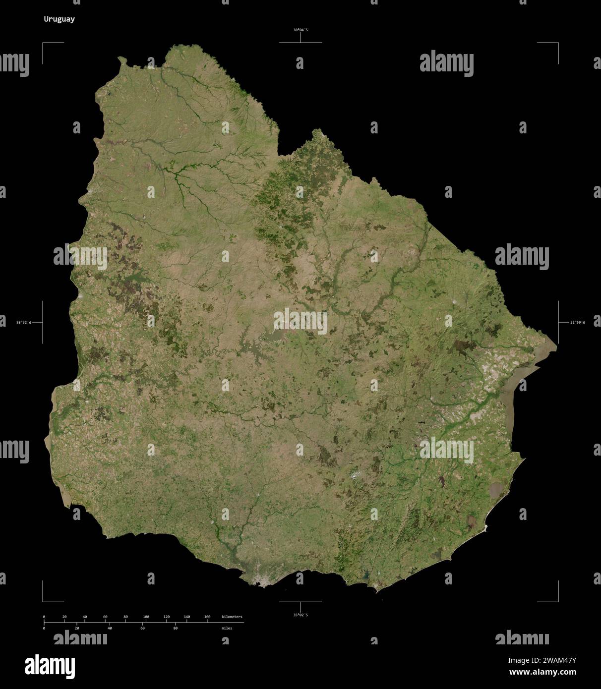 Shape of a low resolution satellite map of the Uruguay, with distance ...