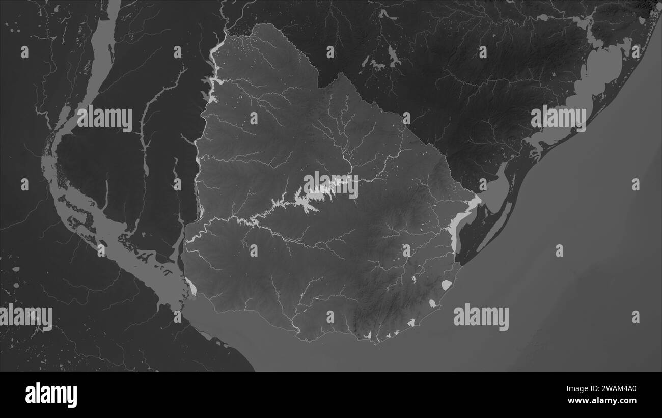 Uruguay highlighted on a Grayscale elevation map with lakes and rivers ...