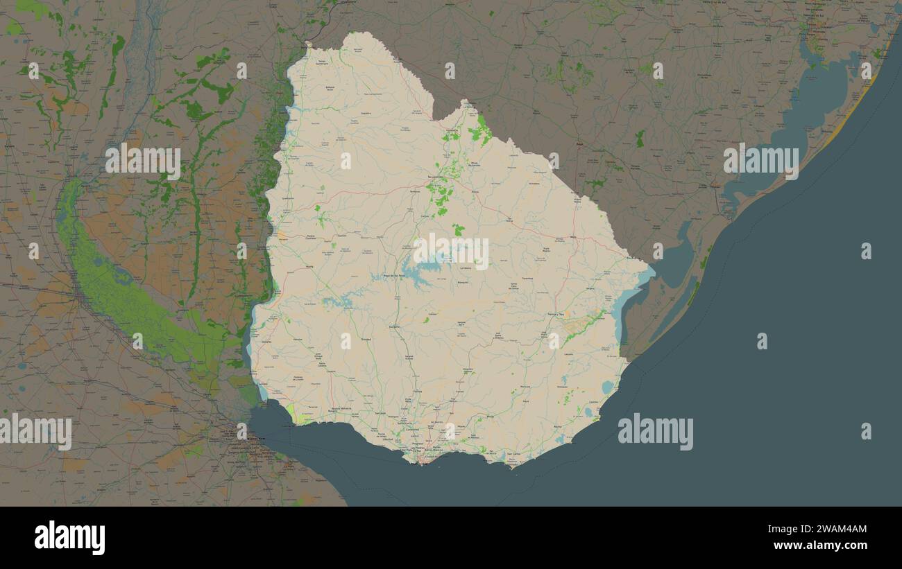 Uruguay highlighted on a topographic, OSM France style map Stock Photo ...