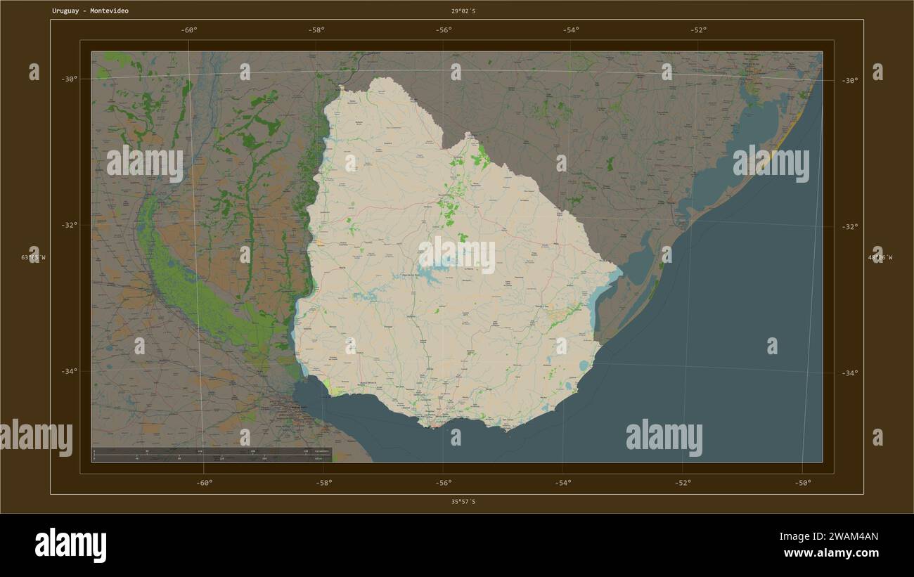 Uruguay highlighted on a topographic, OSM France style map map with the ...